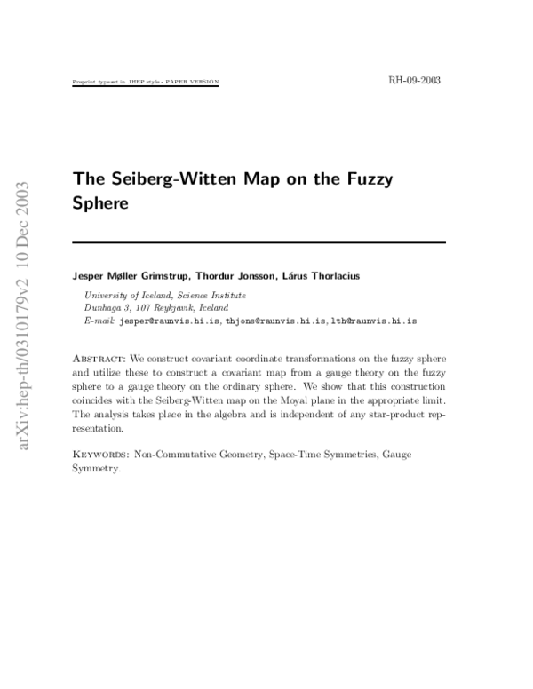 (PDF) The Seiberg-Witten map on the fuzzy sphere