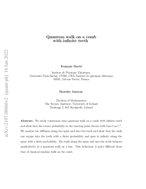 (PDF) Quantum Random Walk on Infinite Tooth Comb