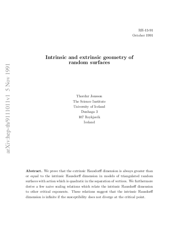 (PDF) Intrinsic and extrinsic geometry of random surfaces | thordur ...