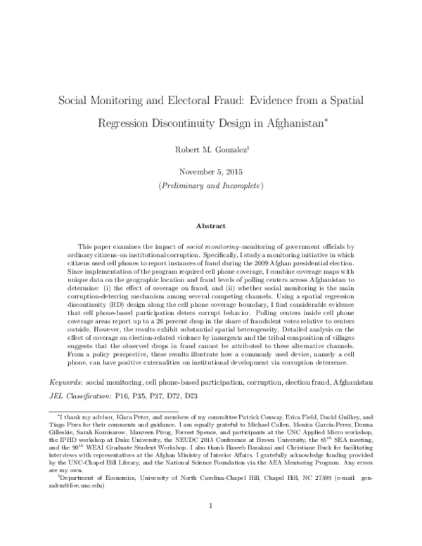 (PDF) Social Monitoring and Electoral Fraud: Evidence from a Spatial ...