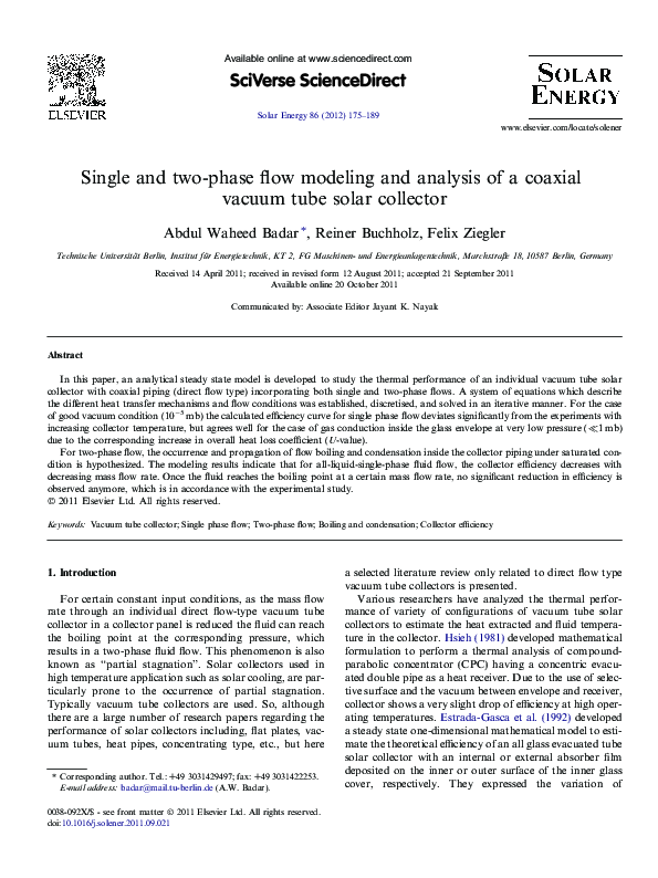 (PDF) Single and two-phase flow modeling and analysis of a coaxial vacuum tube solar collector