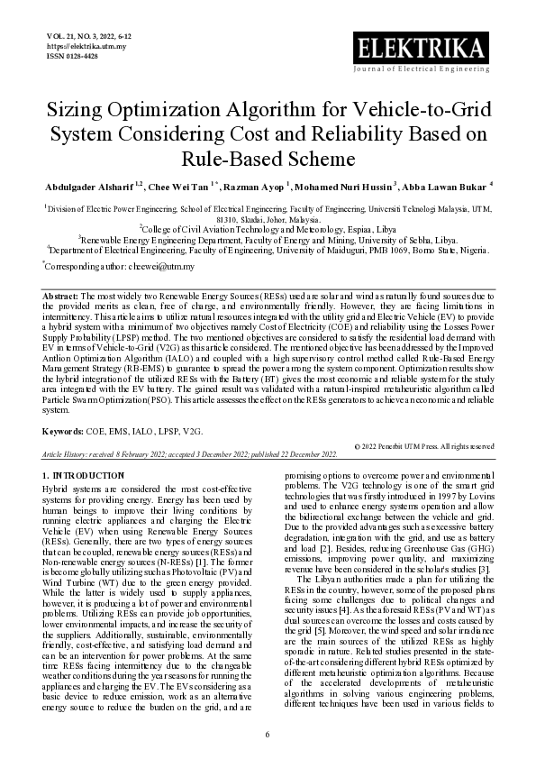 Pdf Sizing Optimization Algorithm For Vehicle To Grid System
