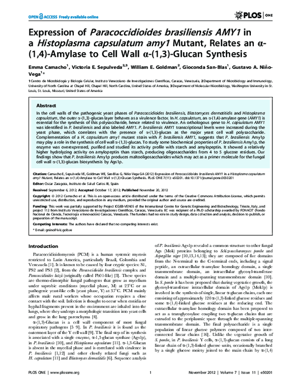 (PDF) Expression of Paracoccidioides brasiliensis AMY1 in a Histoplasma ...