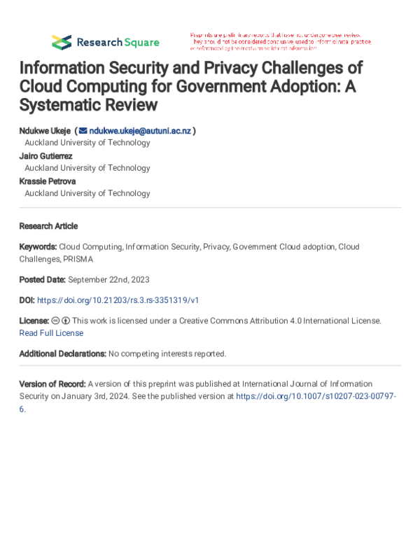 (PDF) Information Security and Privacy Challenges of Cloud Computing for Government Adoption: A ...