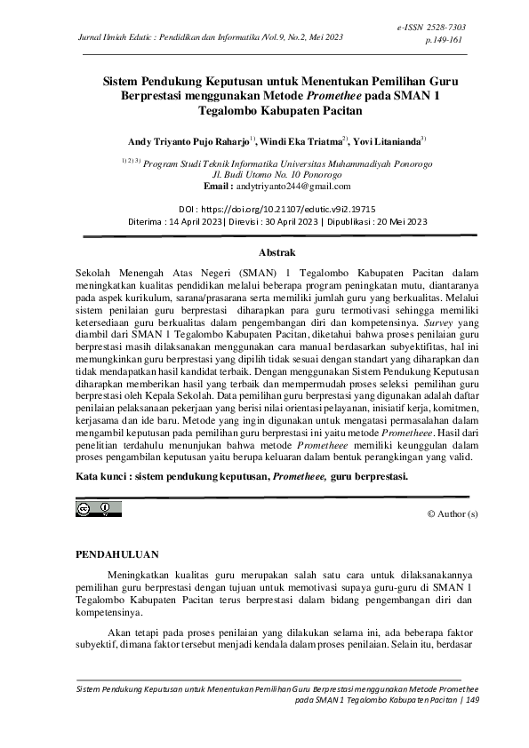 (PDF) Sistem Pendukung Keputusan untuk Menentukan Pemilihan Guru Berprestasi menggunakan Metode ...