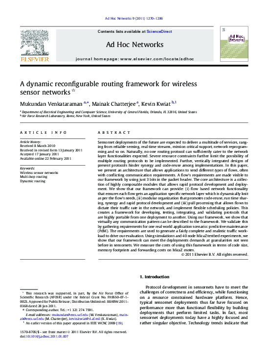 (PDF) A dynamic reconfigurable routing framework for wireless sensor networks