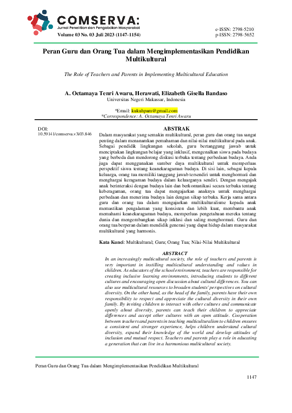 (PDF) Peran Guru dan Orang Tua dalam Mengimplementasikan Pendidikan Multikultural