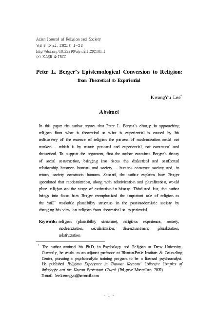 (PDF) Peter L. Berger's Epistemological Conversion to Religion: from ...