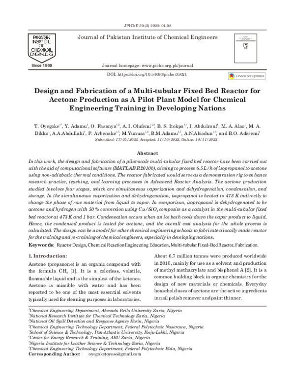 (PDF) Design and fabrication of a multi-tubular fixed bed reactor for ...