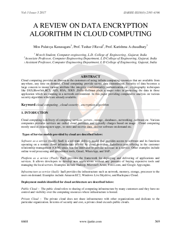 Pdf A Review On Data Encryption Algorithm In Cloud Computing 1837