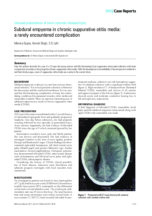 (PDF) Subdural empyema in chronic suppurative otitis media: a rarely ...