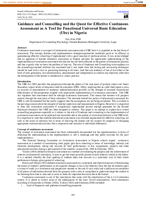 (PDF) Guidance and Counselling and the Quest for Effective Continuous Assessment as A Tool for ...