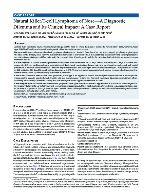 (PDF) Extranodal NK/T-cell Lymphoma of the Nose: Diagnosis and Impact