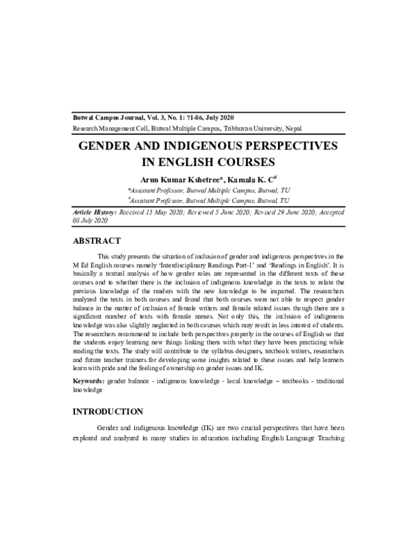 (PDF) GENDER AND INDIGENOUS PERSPECTIVES IN ENGLISH COURSES