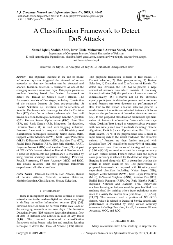 (PDF) A Classification Framework to Detect DoS Attacks