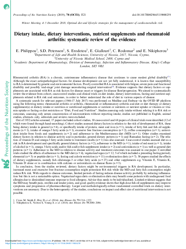 (PDF) Dietary intake, dietary interventions, nutrient supplements and rheumatoid arthritis ...