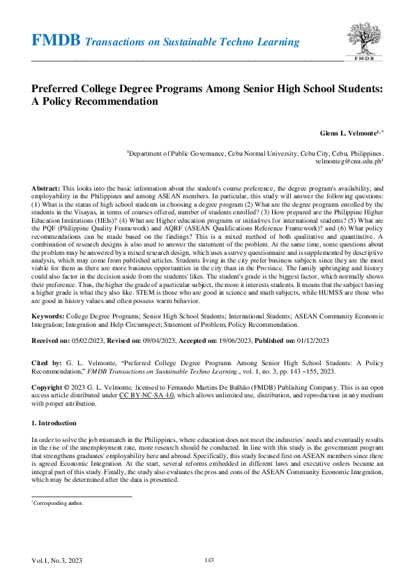 (PDF) Preferred College Degree Programs Among Senior High School ...