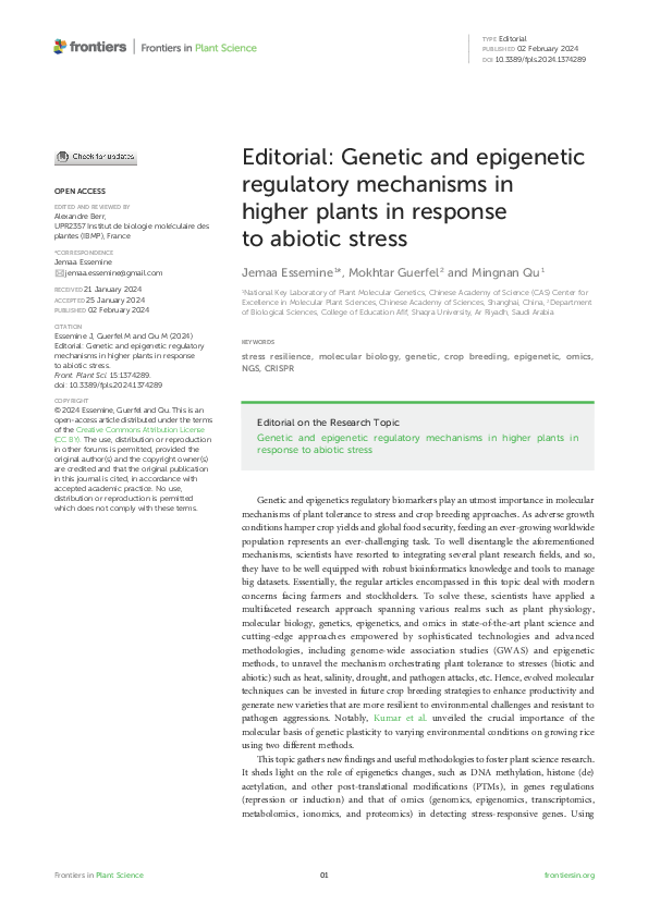 (PDF) Editorial: Genetic and epigenetic regulatory mechanisms in higher plants in response to ...