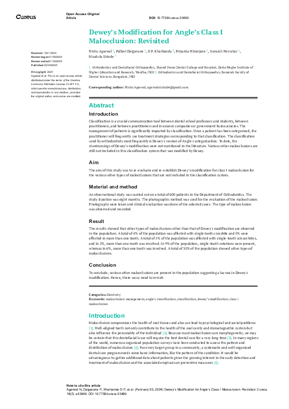 (PDF) Dewey’s Modification for Angle’s Class I Malocclusion: Revisited