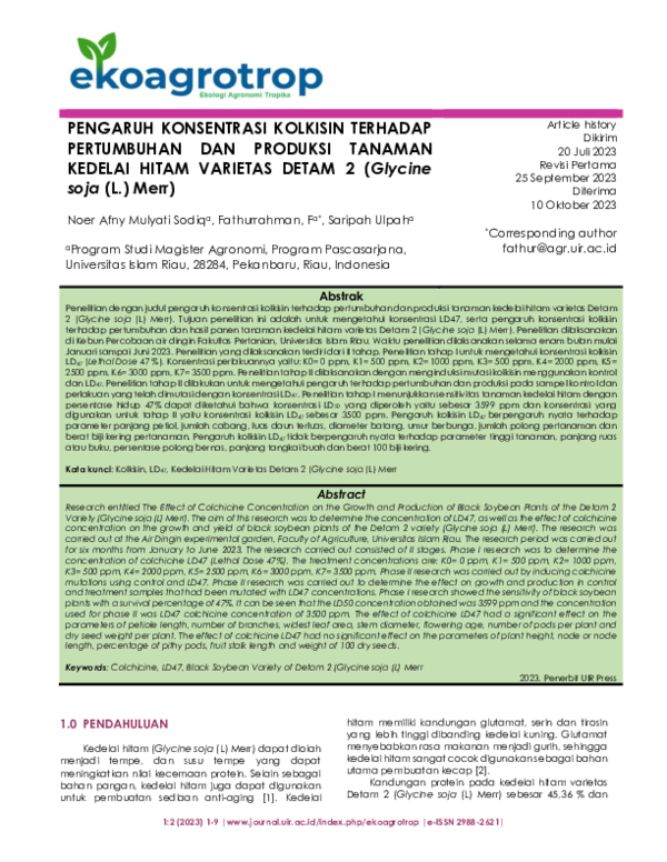 (PDF) PENGARUH KONSENTRASI KOLKISIN TERHADAP PERTUMBUHAN DAN PRODUKSI TANAMAN KEDELAI HITAM ...