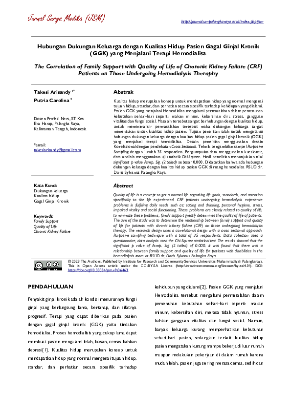 (PDF) Hubungan Dukungan Keluarga dengan Kualitas Hidup Pasien Gagal Ginjal Kronik (GGK) yang ...
