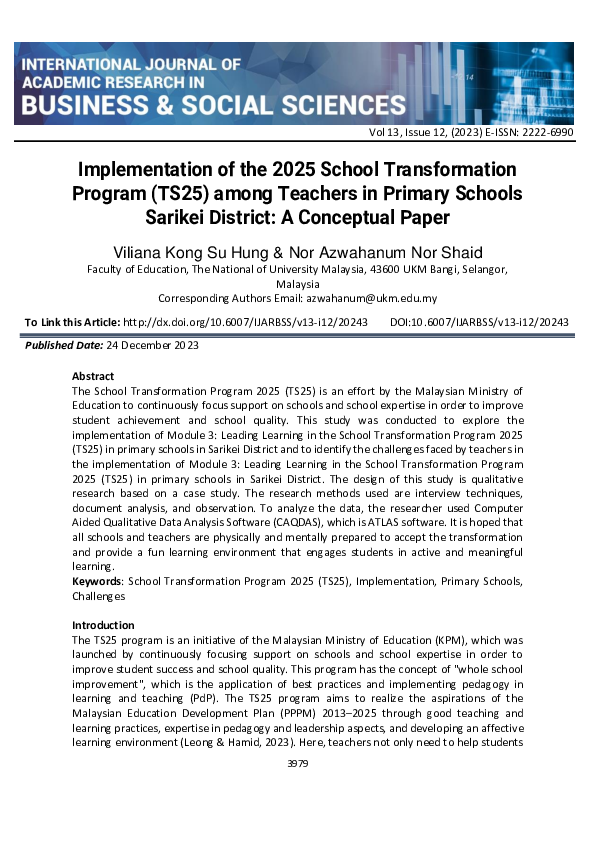 (PDF) Implementation of the 2025 School Transformation Program (TS25) among Teachers in Primary ...