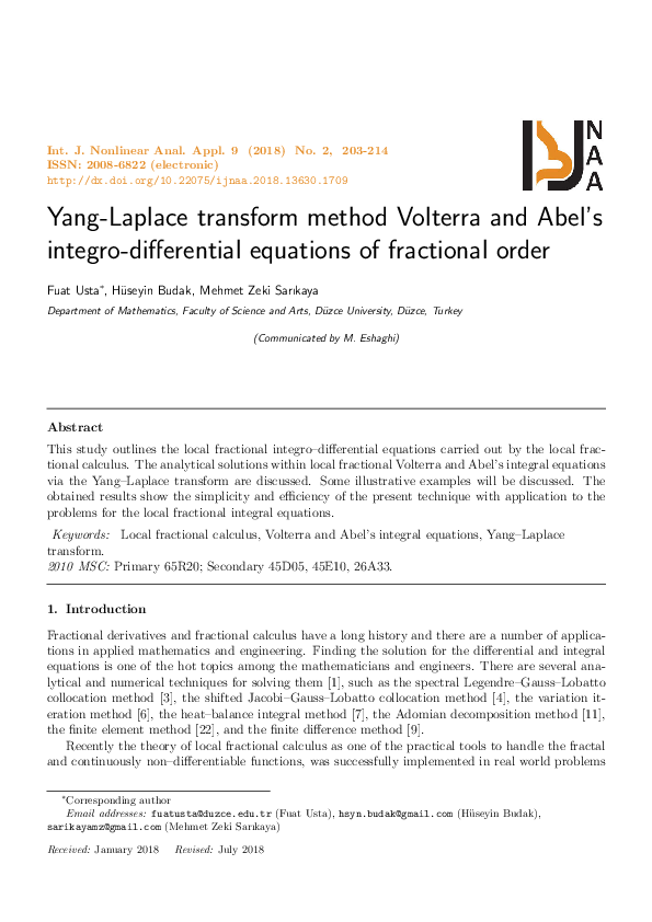 (PDF) Yang-Laplace transform method Volterra and Abel's integro-differential equations of ...