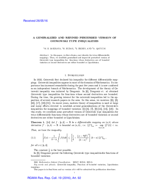 (PDF) A Generalized and Refined Perturbed Version of Ostrowski Type Inequalities