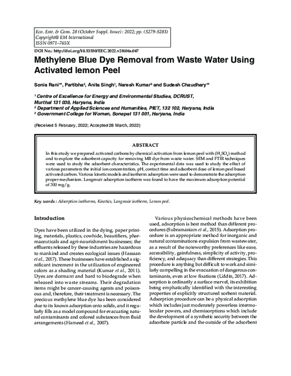 (PDF) Methylene Blue Dye Removal from Waste Water Using Activated lemon ...