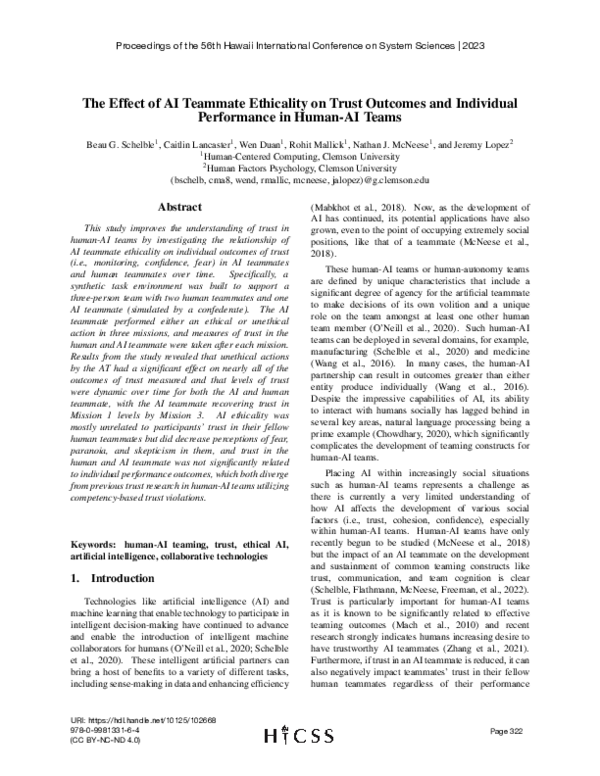 (PDF) The Effect of AI Teammate Ethicality on Trust Outcomes and ...