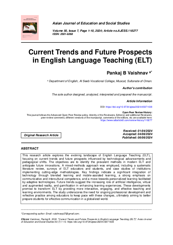 (PDF) Current Trends and Future Prospects in English Language Teaching (ELT