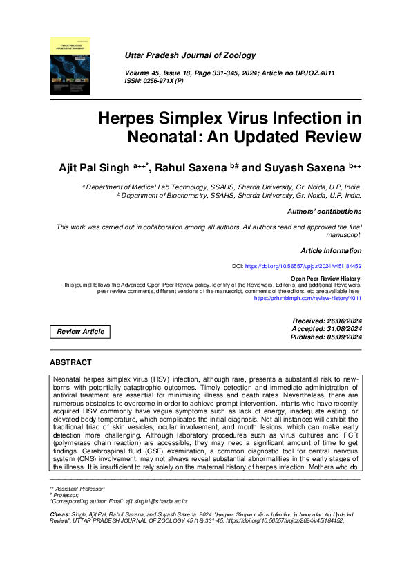 (PDF) Herpes Simplex Virus Infection in Neonatal: An Updated Review
