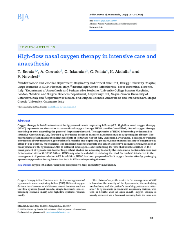 (PDF) High-flow nasal oxygen therapy in intensive care and anaesthesia