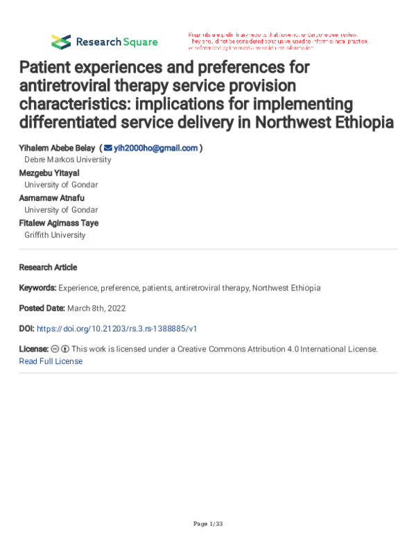 (PDF) Patient experiences and preferences for antiretroviral therapy ...