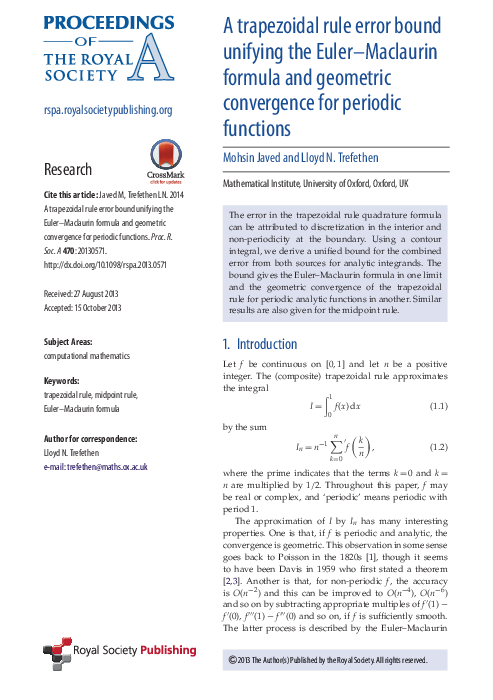 (PDF) A trapezoidal rule error bound unifying the Euler–Maclaurin formula and geometric ...