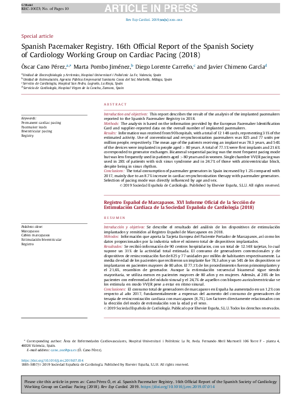 (PDF) Spanish Pacemaker Registry. 16th Official Report of the Spanish ...