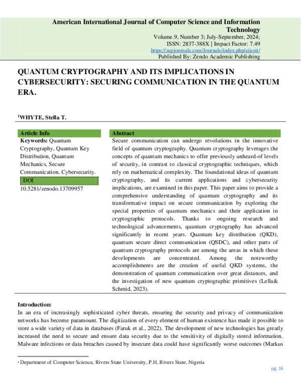 (PDF) QUANTUM CRYPTOGRAPHY AND ITS IMPLICATIONS IN CYBERSECURITY: SECURING COMMUNICATION IN THE ...