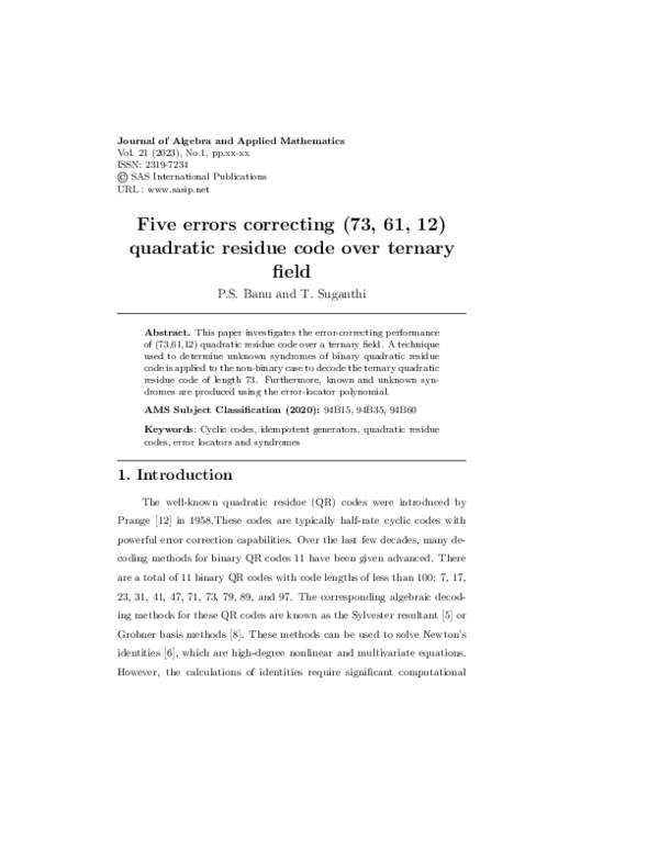 (PDF) Five errors correcting (73, 61, 12) quadratic residue code over ternary field