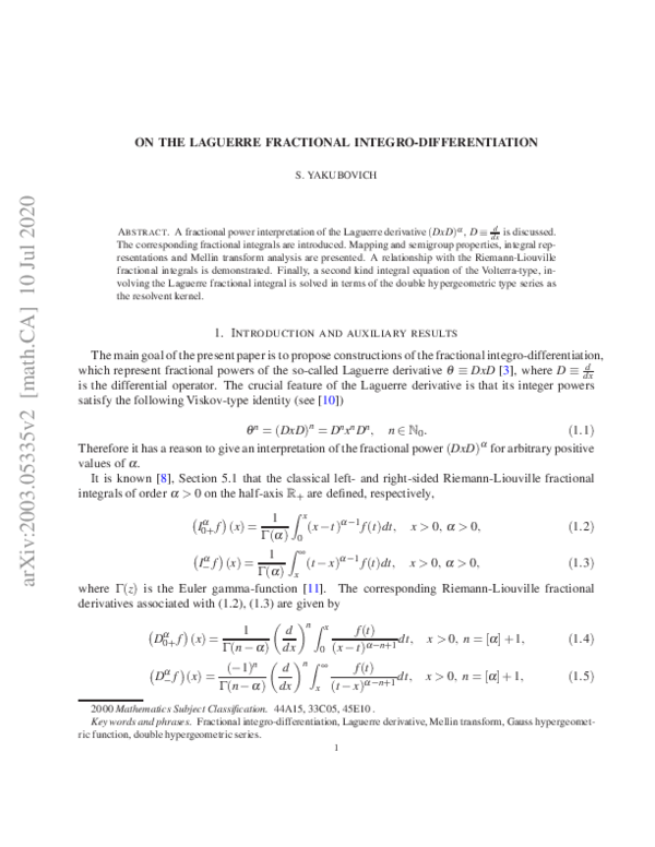 (PDF) On the Laguerre fractional integro-differentiation