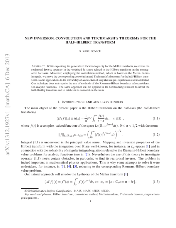 (PDF) New inversion, convolution and Titchmarsh's theorems for the half ...