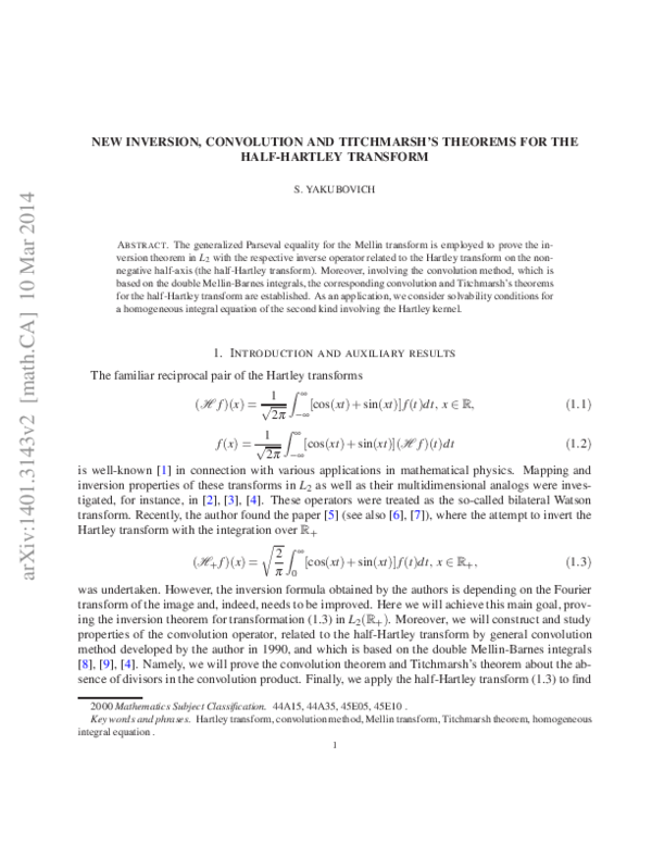 (PDF) New inversion, convolution and Titchmarsh's theorems for the half-Hartley transform