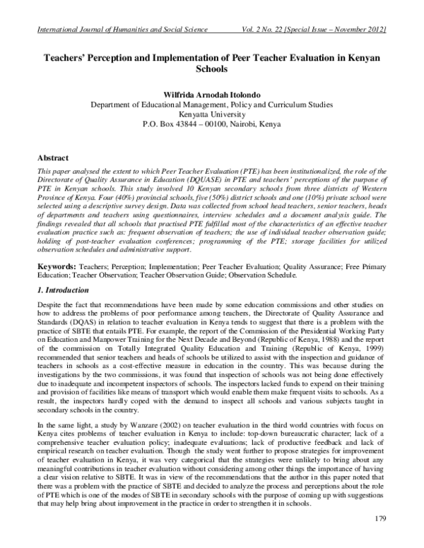 (PDF) Teachers’ Perception and Implementation of Peer Teacher Evaluation in Kenyan Schools