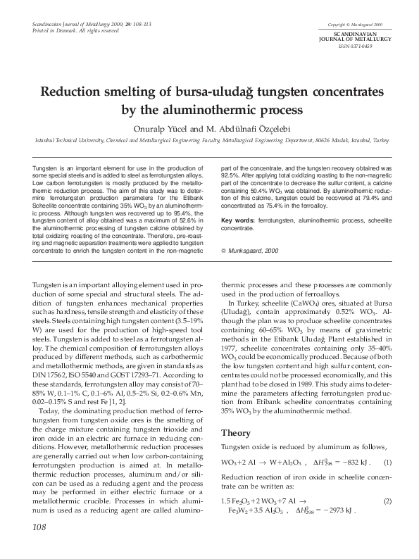 (PDF) Reduction smelting of bursa-uludağ tungsten concentrates by the ...