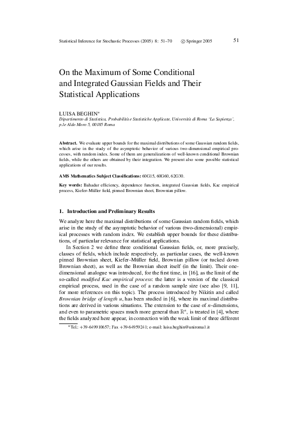 (PDF) On the Maximum of Some Conditional and Integrated Gaussian Fields and their Statistical ...