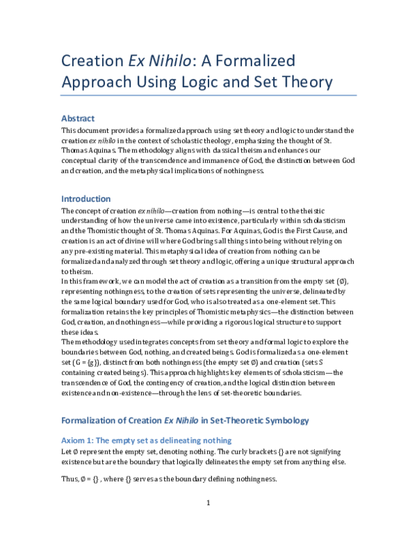 (PDF) Creation Ex Nihilo: A Formalized Approach Using Logic and Set Theory