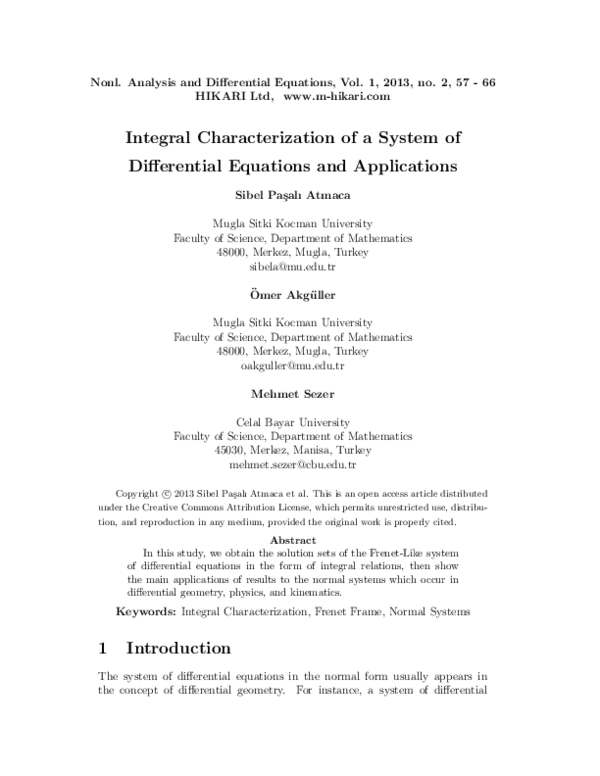 (PDF) Integral characterization of a system of differential equations and applications