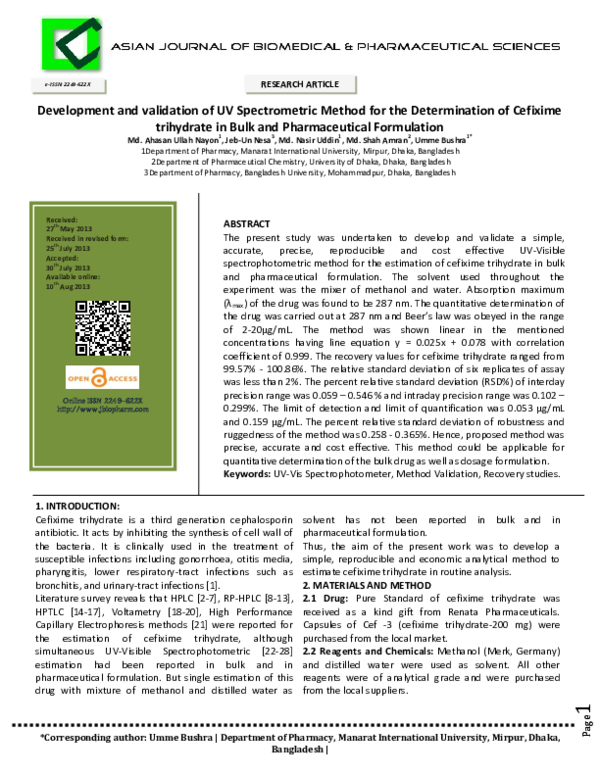 Pdf Development And Validation Of Uv Spectrometric Method For The Determination Of Cefixime