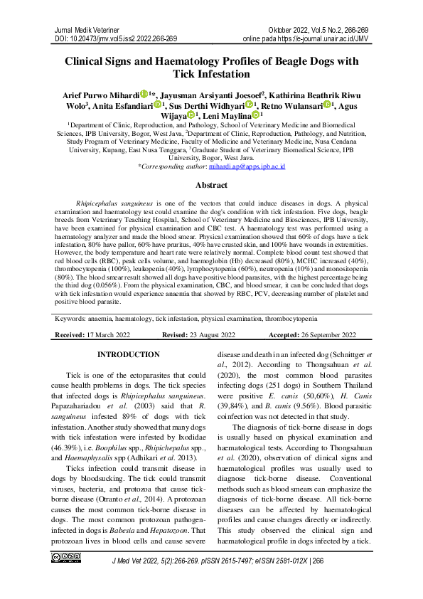 (PDF) Clinical Signs and Haematology Profiles of Beagle Dogs with Tick ...