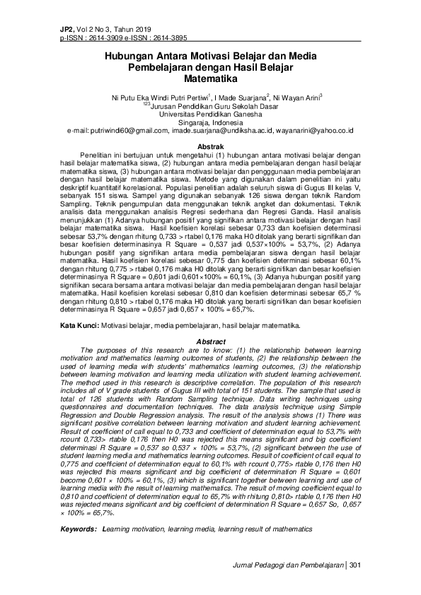 (PDF) Hubungan Antara Motivasi Belajar dan Media Pembelajaran dengan Hasil Belajar Matematika