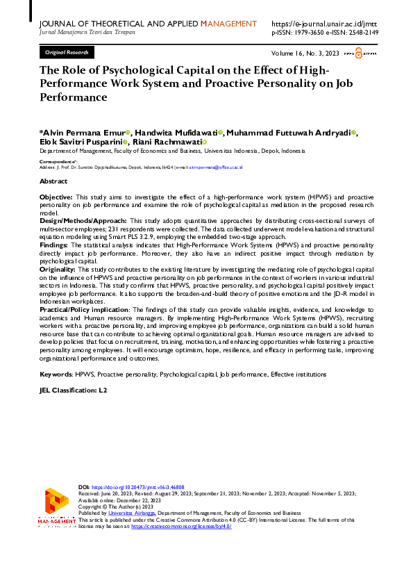 (PDF) The Role of Psychological Capital on the Effect of High-Performance Work System and ...